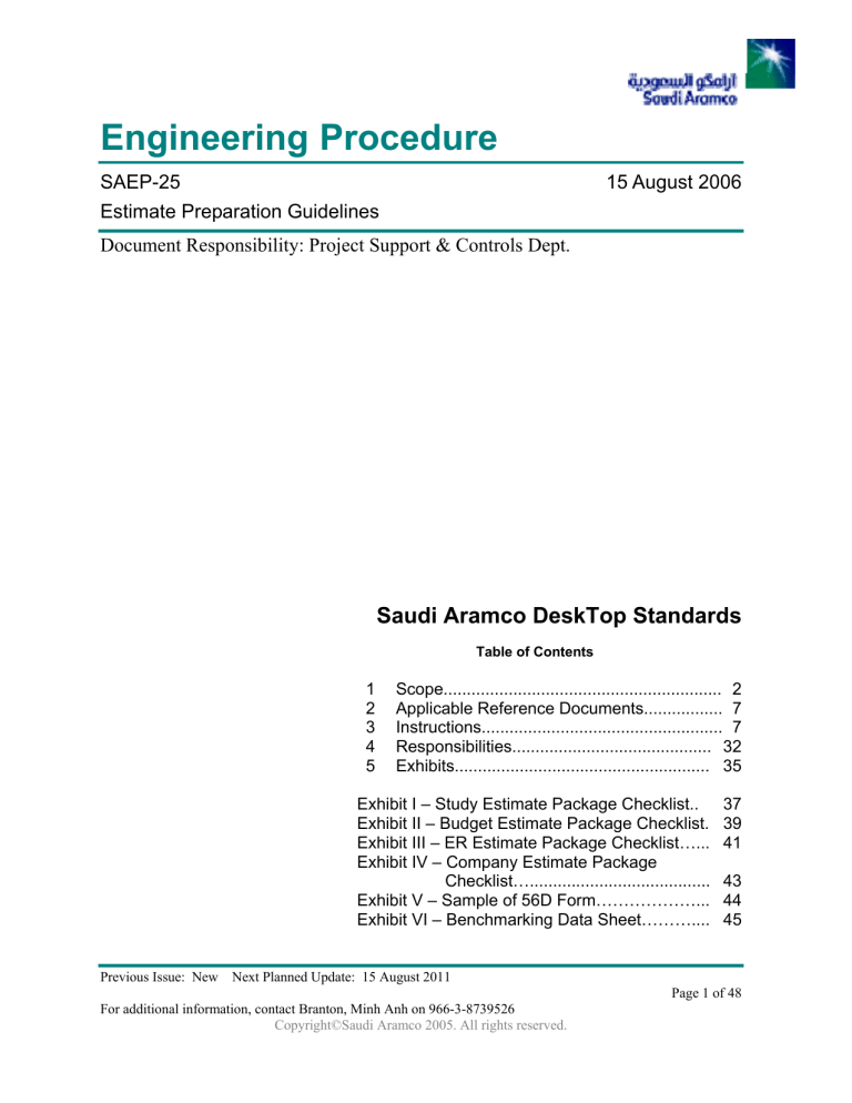 SAEP-25: Saudi Aramco Estimate Preparation Guidelines for Capital Projects