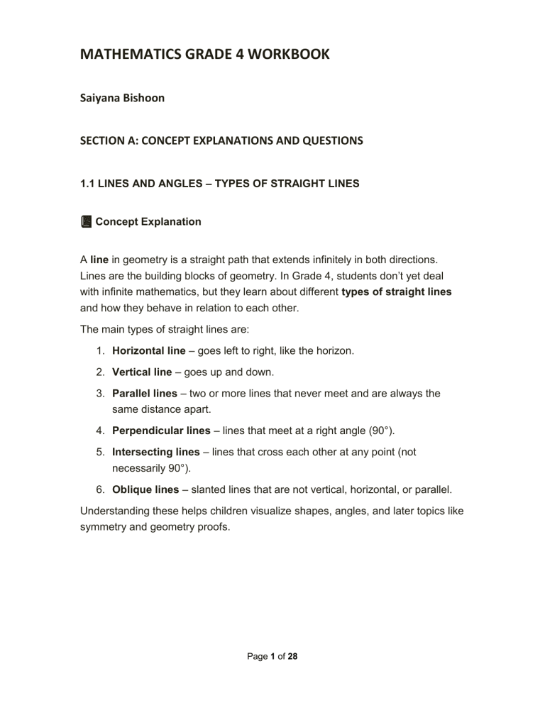 Mathematics Grade 4 Workbook: Lines, Angles, Shapes, Symmetry, Perimeter