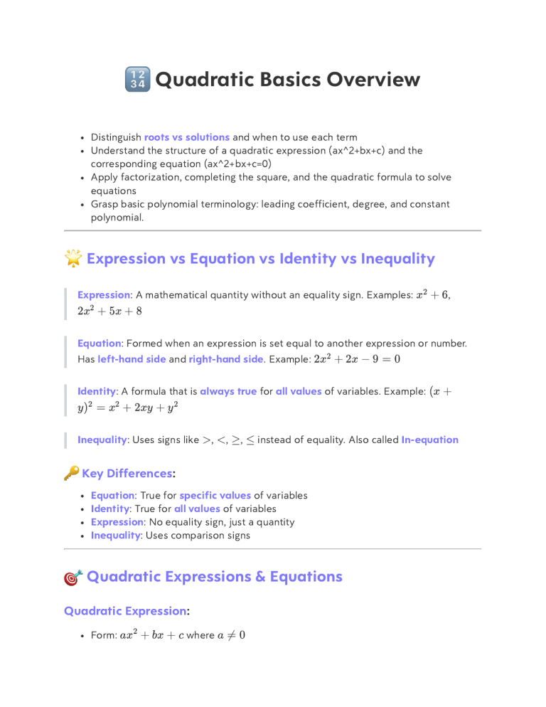Quadratic Basics Overview: Equations, Expressions & Polynomials