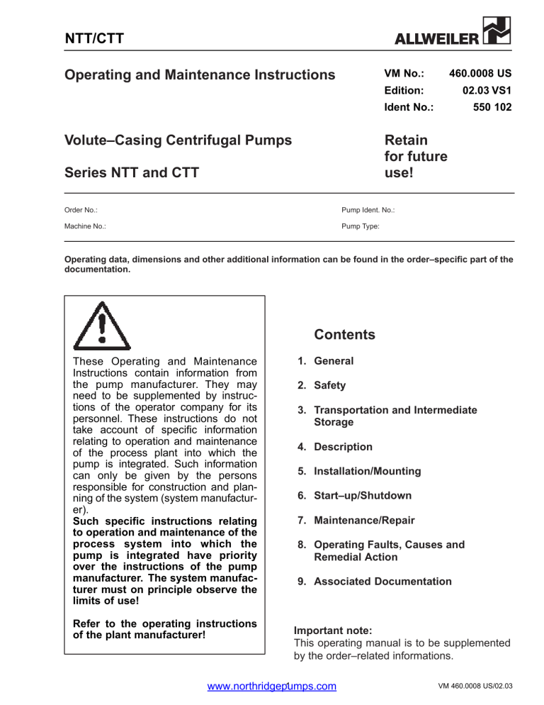 NTT/CTT Volute-Casing Centrifugal Pumps: Operating & Maintenance Manual