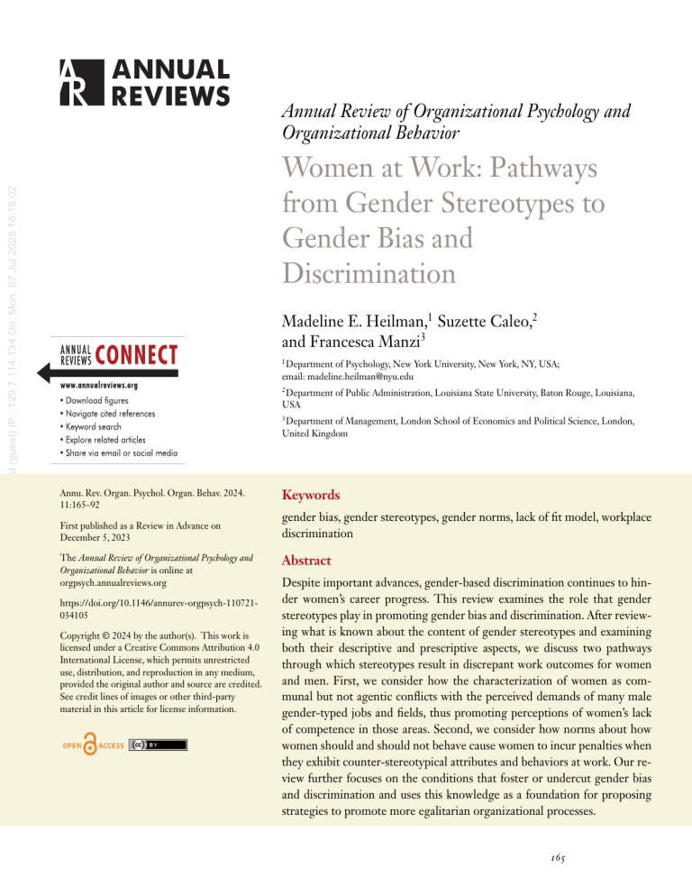 Women at Work: Gender Stereotypes, Bias, & Discrimination Pathways