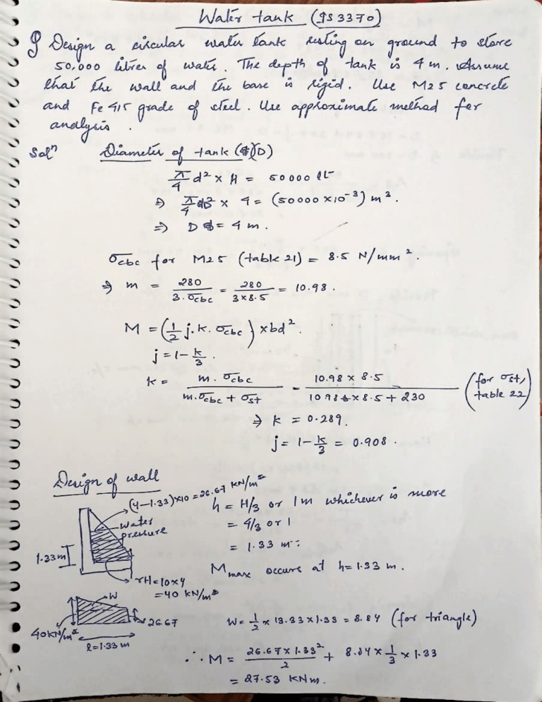 Water Tank Design Calculations (IS 3370)