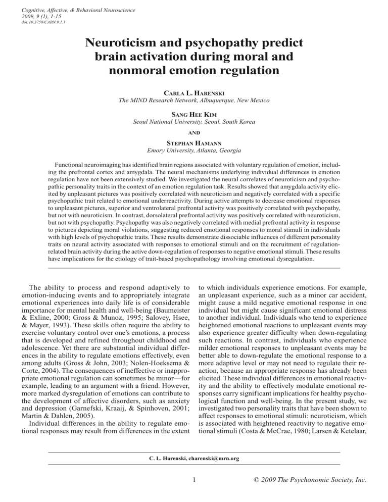 Neuroticism, Psychopathy & Brain Activation in Emotion Regulation