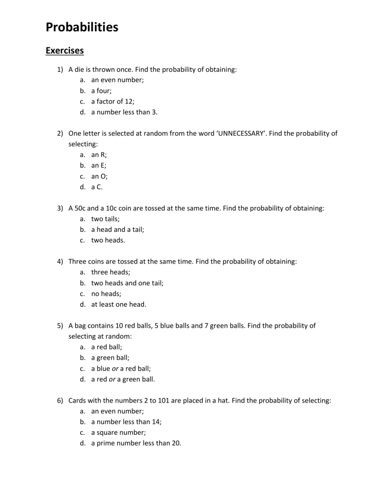 Probability Exercises: Dice, Coins, Balls