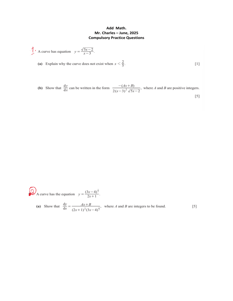 Calculus Practice Questions: Curve Equations & Differentiation