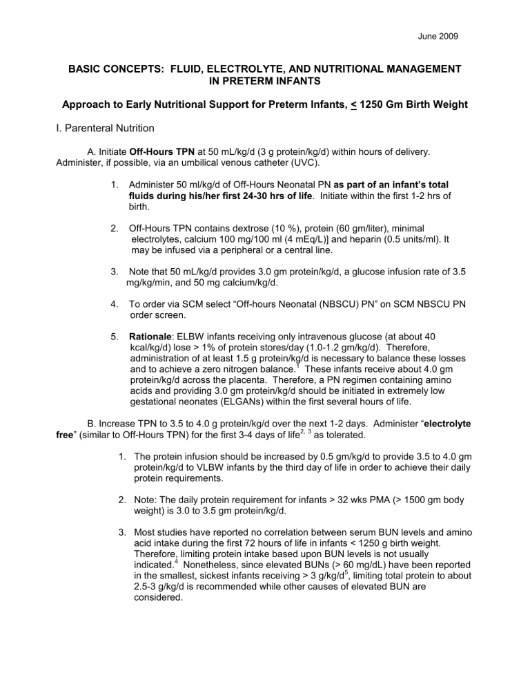 Preterm Infant Fluid, Electrolyte & Nutritional Management Guidelines
