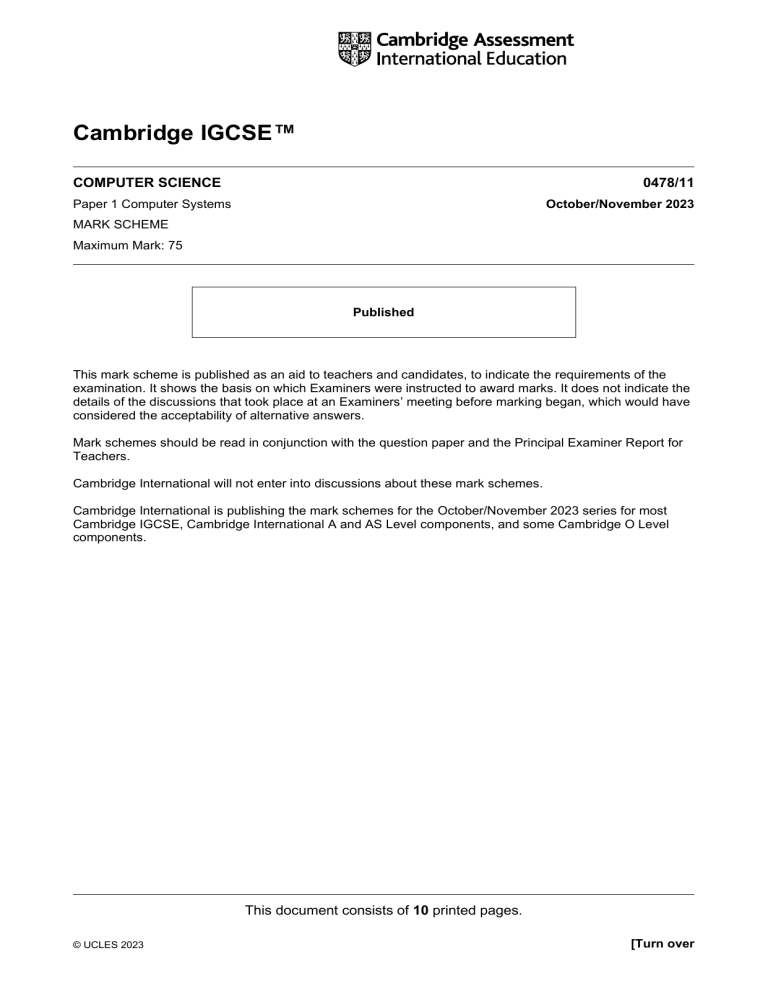 IGCSE Computer Science Mark Scheme 0478/11