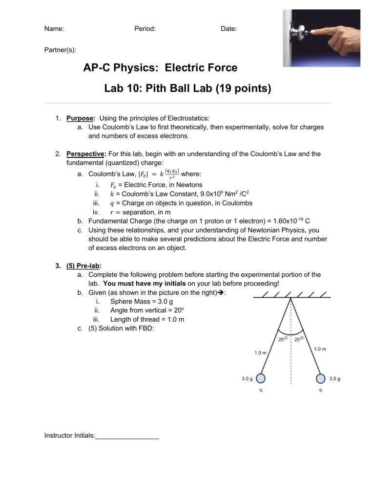 AP-C Physics Pith Ball Lab: Electric Force & Coulomb's Law Experiment