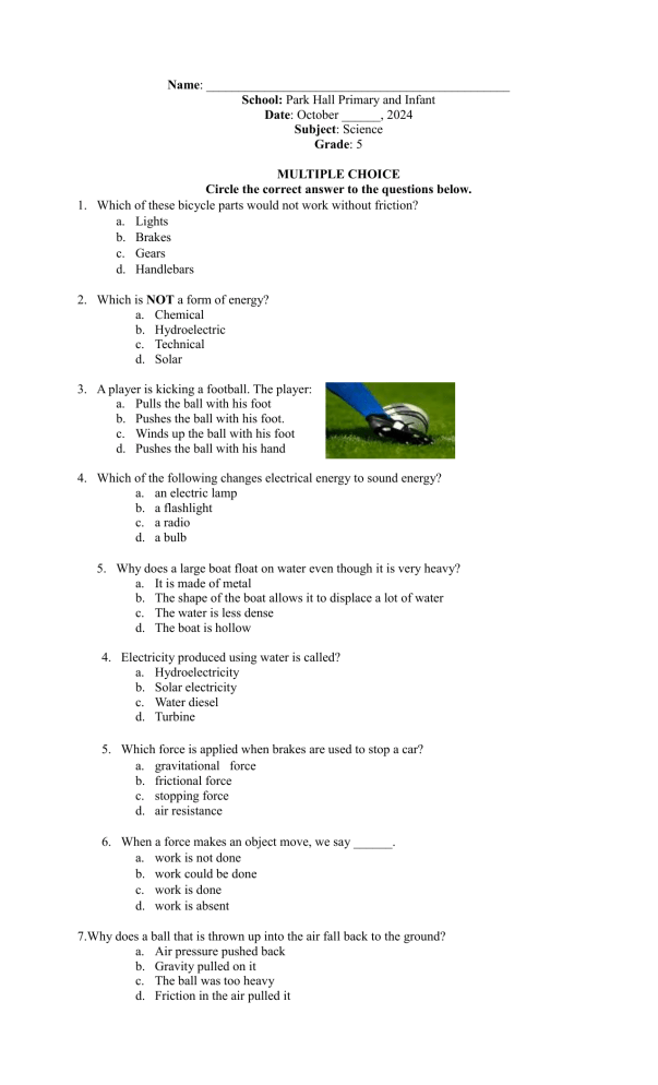 5th Grade Science Worksheet: Forces & Energy