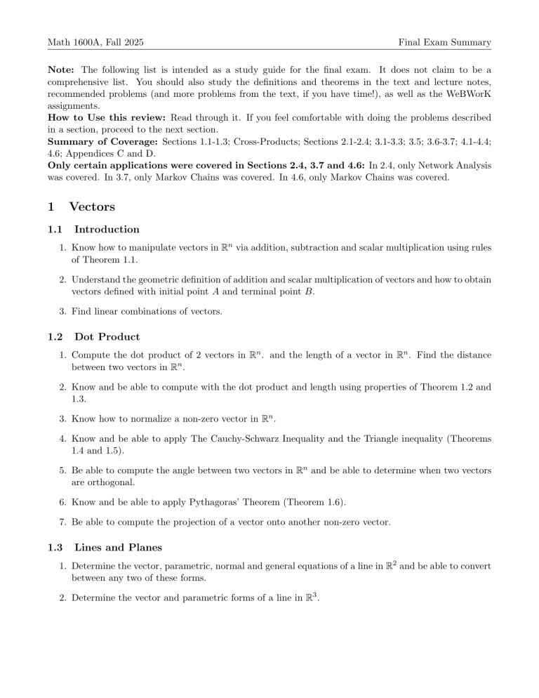 Math 1600A Final Exam Summary: Vectors & Linear Algebra