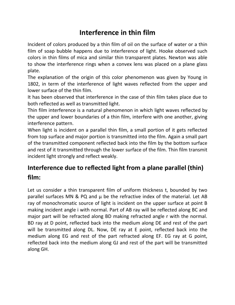 Interference in Thin Films: Lecture Notes on Optics