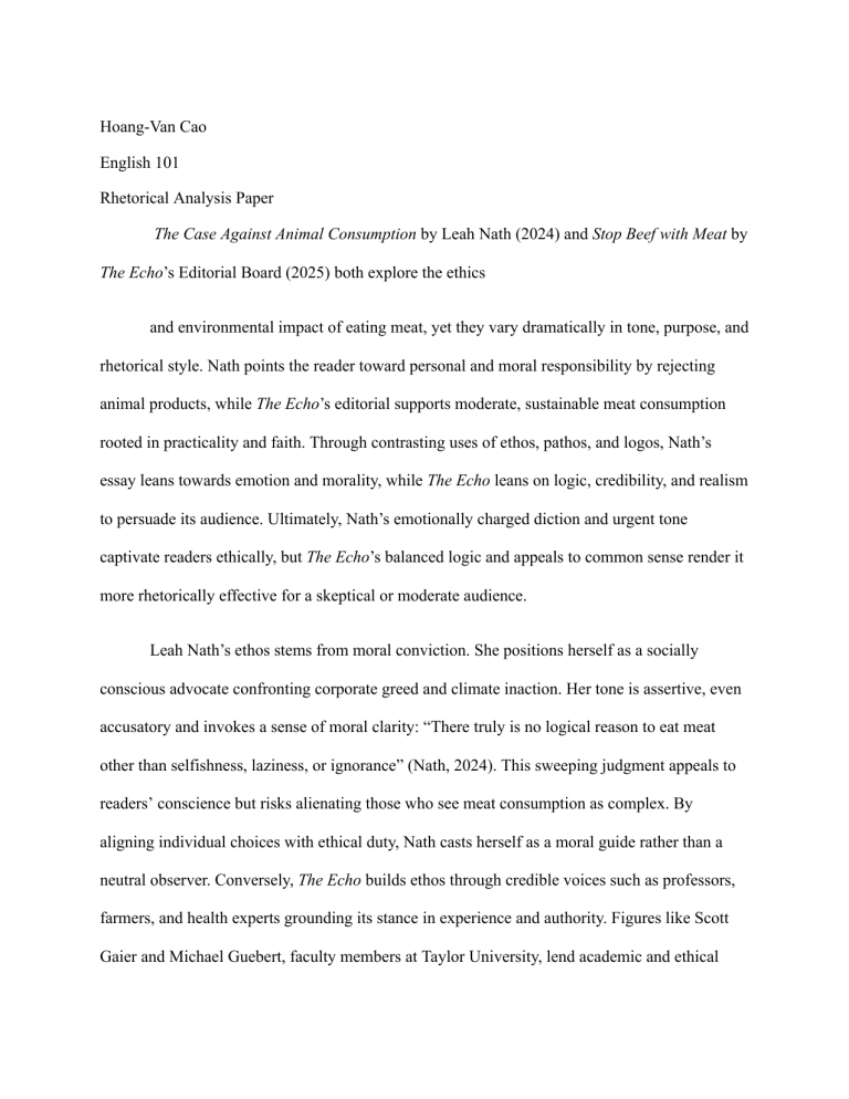 Rhetorical Analysis: Animal Consumption Ethics & Persuasion
