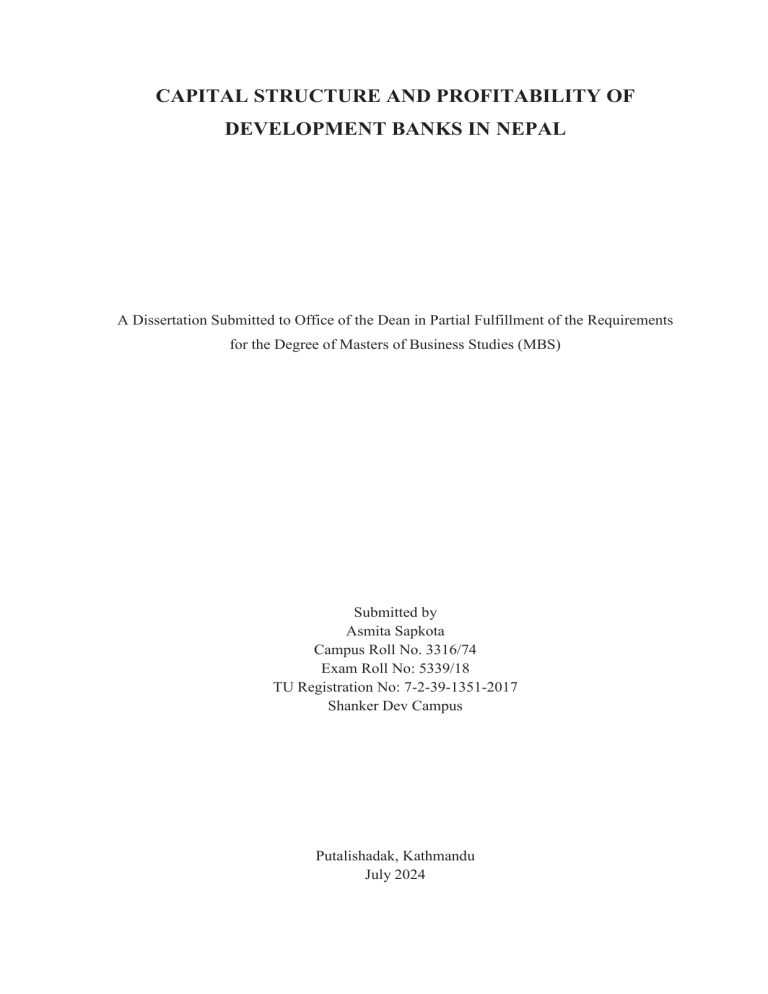 Capital Structure & Profitability of Development Banks in Nepal - MBS Dissertation