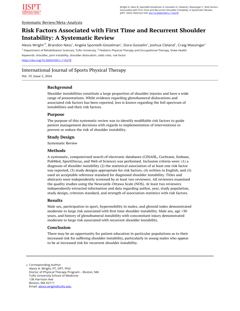 Shoulder Instability Risk Factors: First Time & Recurrent - Systematic ...
