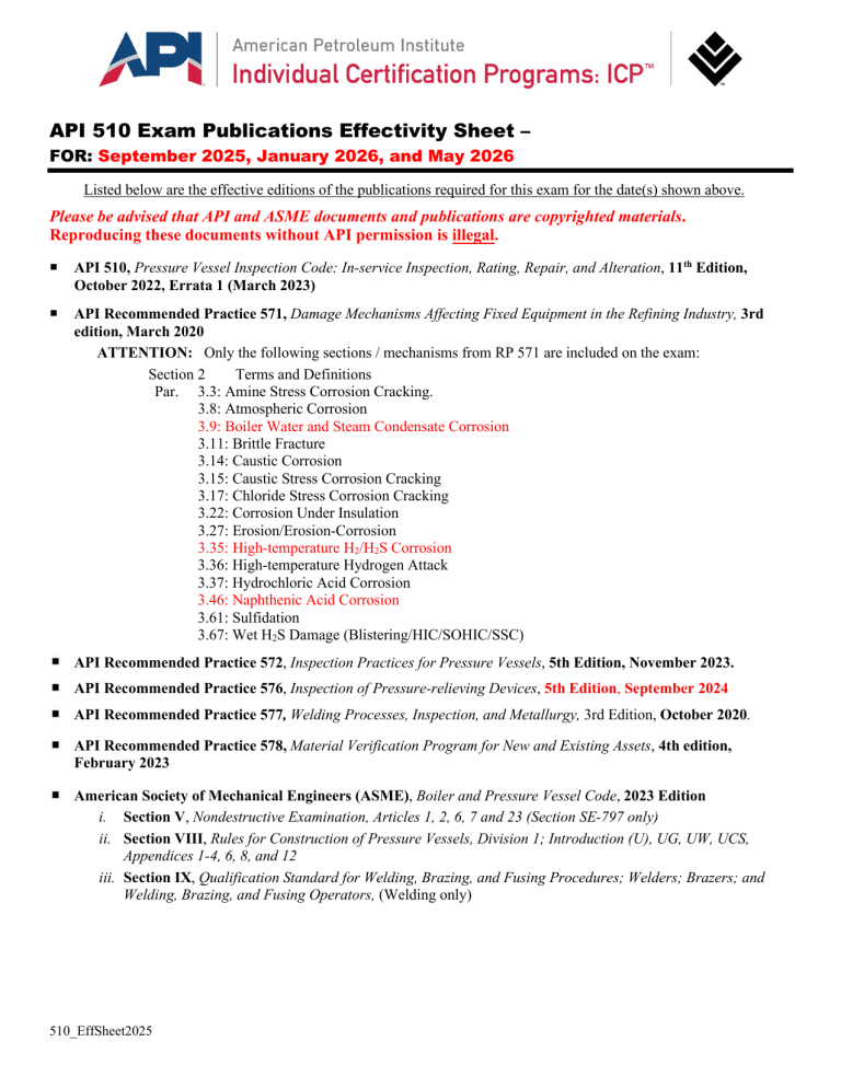 API 510 Exam Publications Effectivity Sheet 2025-2026