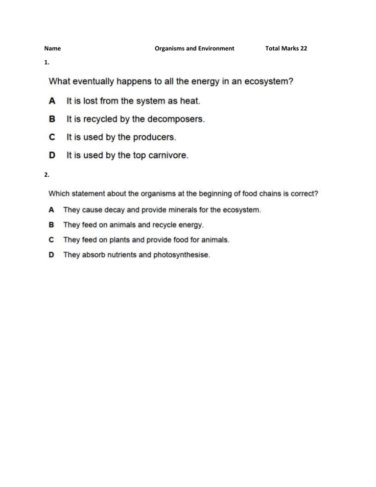 Organisms & Environment Quiz: Ecosystems & Food Chains