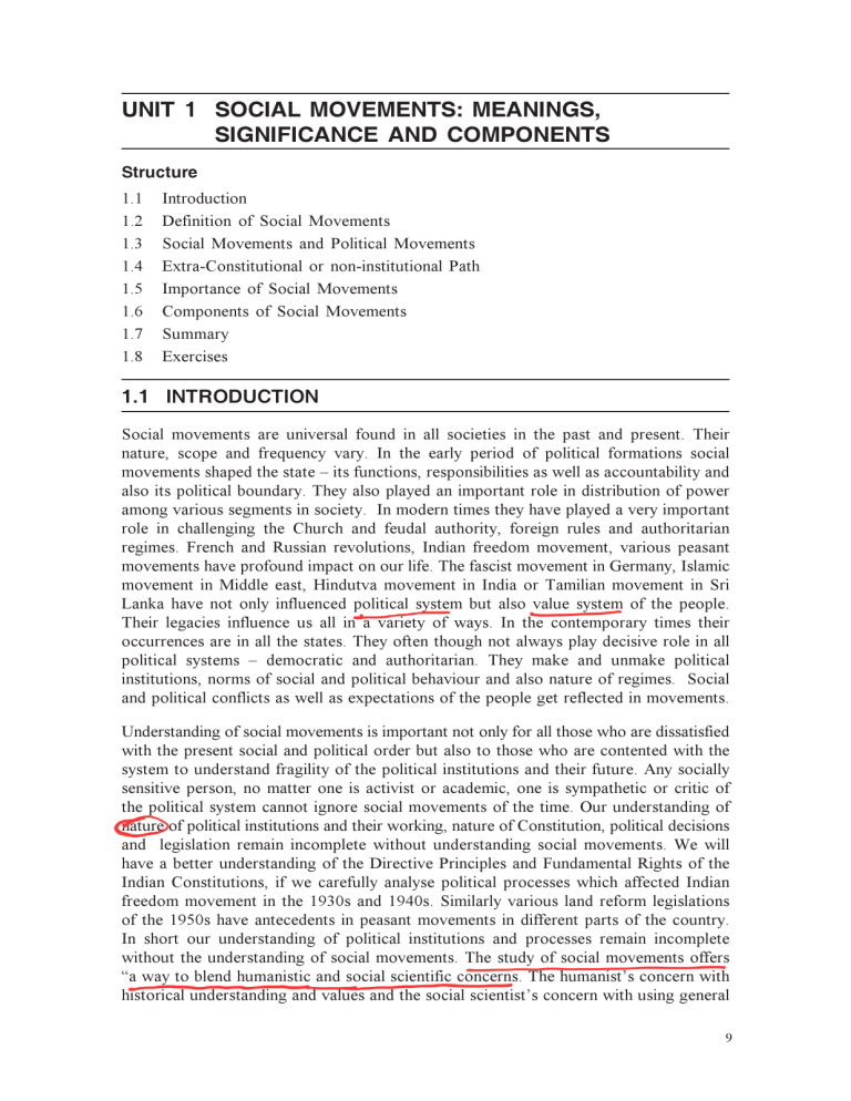 Social Movements: Meanings, Significance, and Components - Unit 1