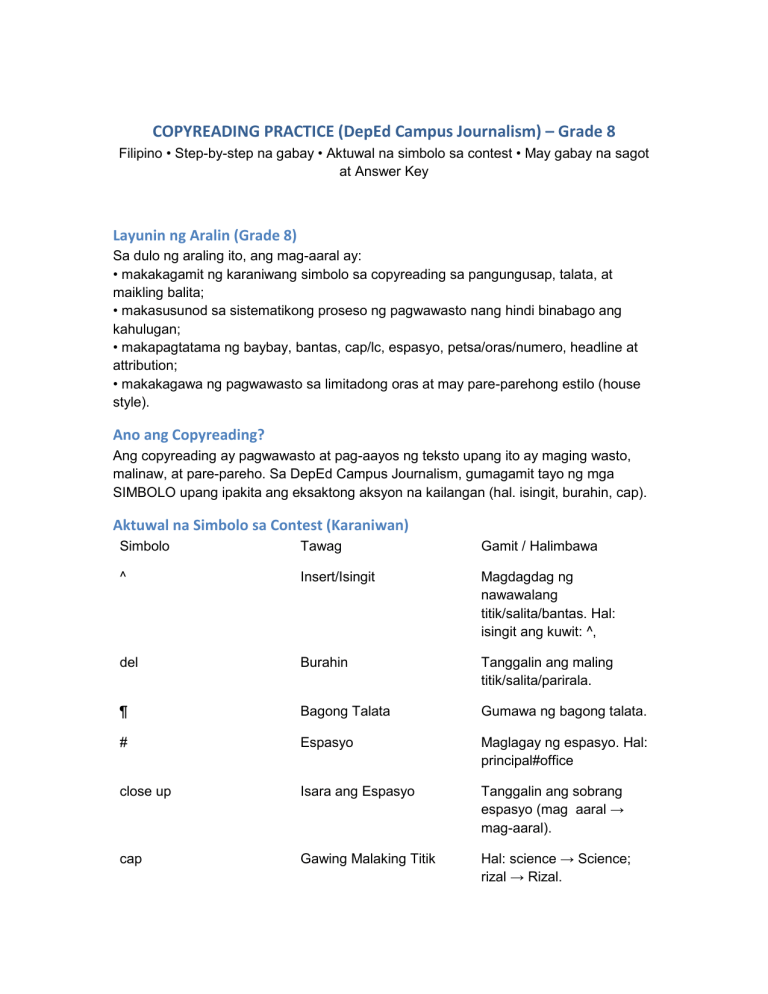 DepEd Campus Journalism: Grade 8 Filipino Copyreading Practice Guide