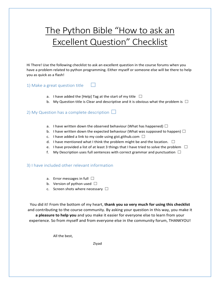 Python Bible: How to Ask Excellent Programming Questions Checklist