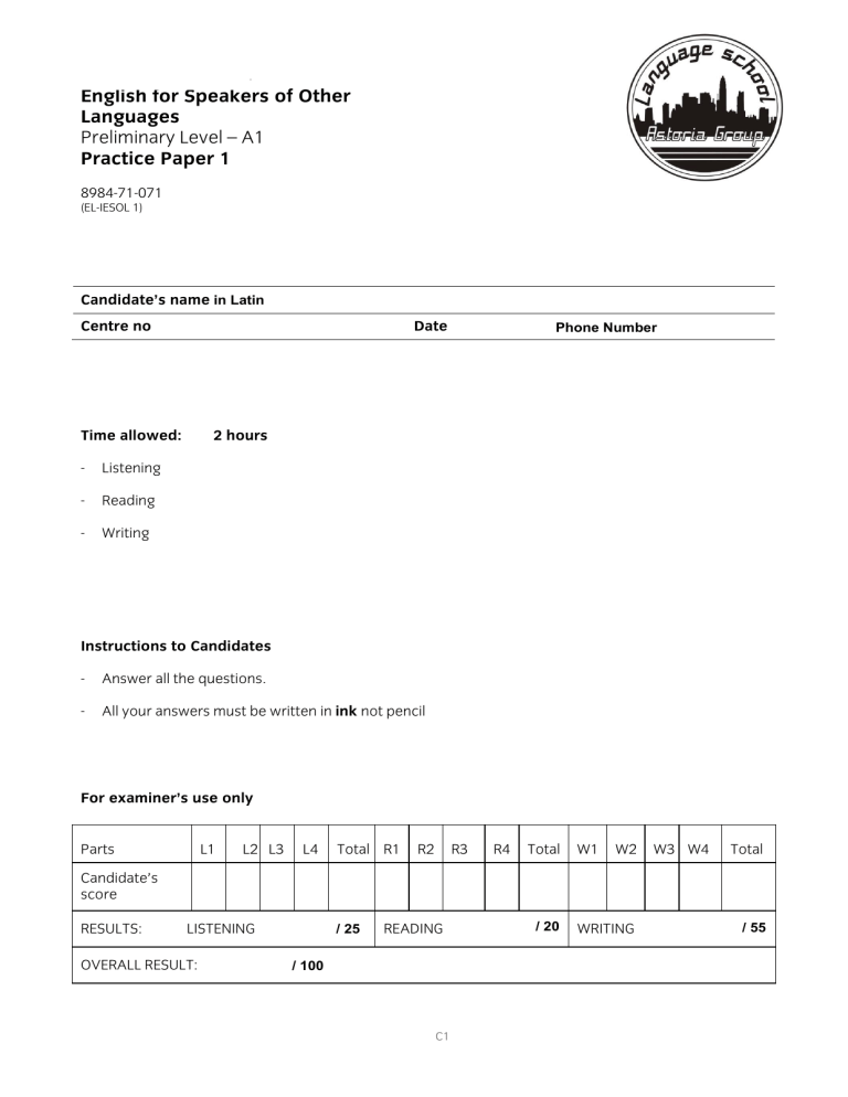 ESOL A1 Practice Paper: English Language Assessment