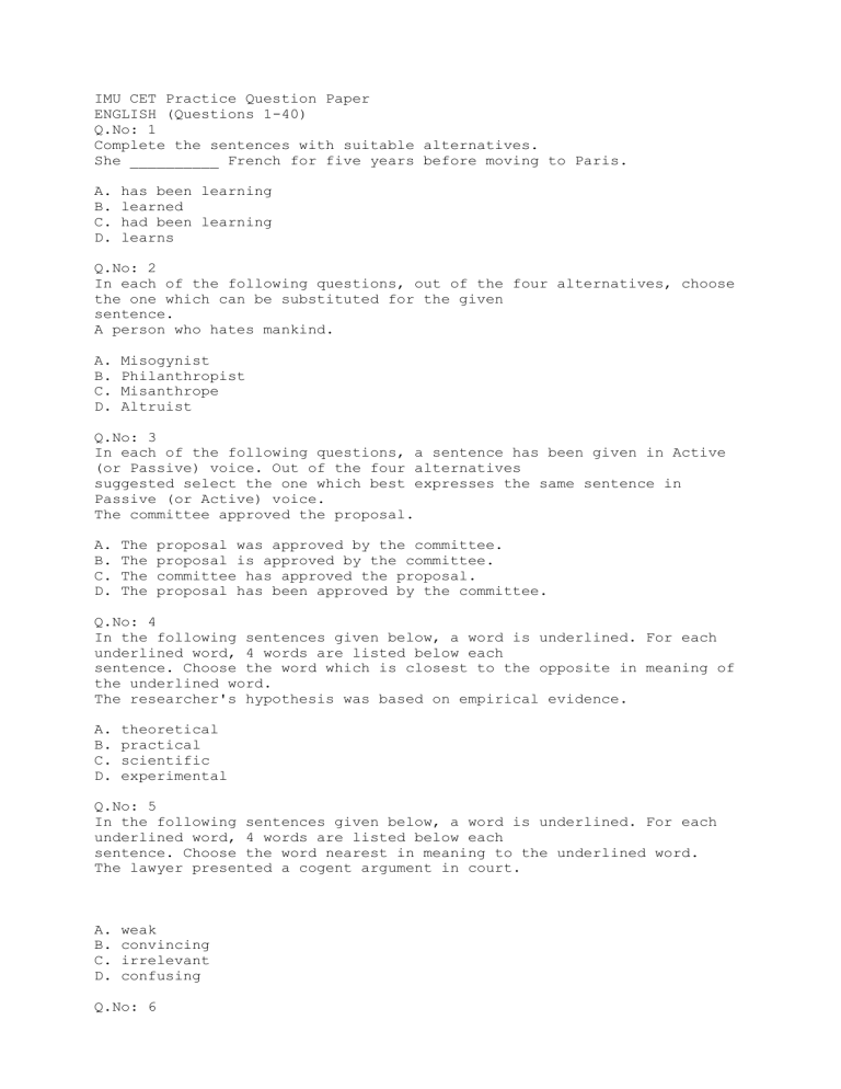 IMU CET English Practice Questions - Grammar, Vocabulary, Voice