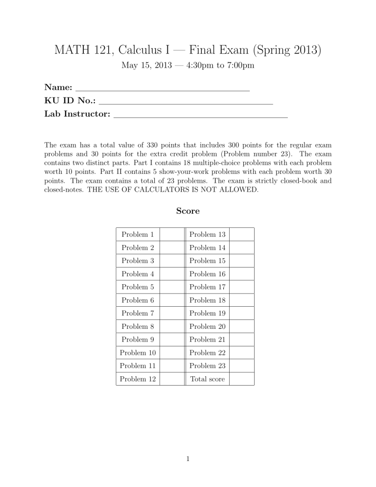 Calculus I Final Exam (Spring 2013)