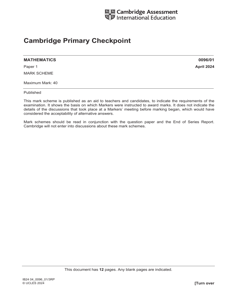 Cambridge Primary Checkpoint Mathematics Mark Scheme 2024