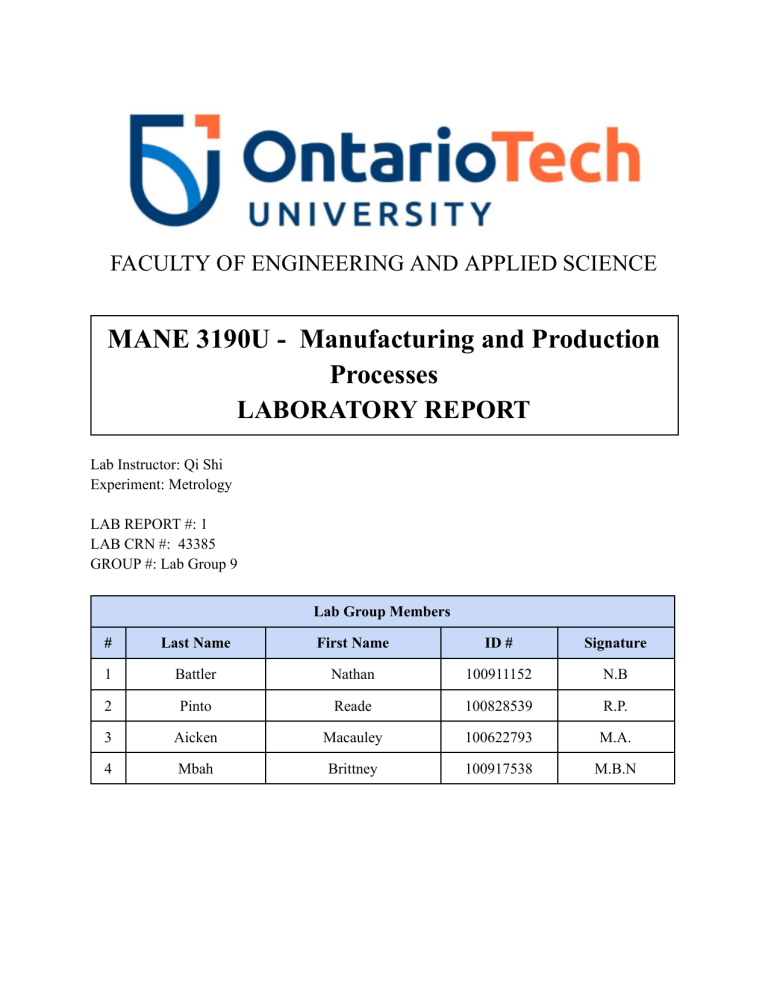 Metrology Lab Report: Manufacturing Processes