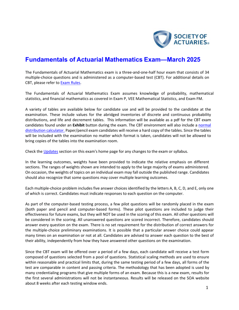 Actuarial Mathematics Exam Syllabus - March 2025