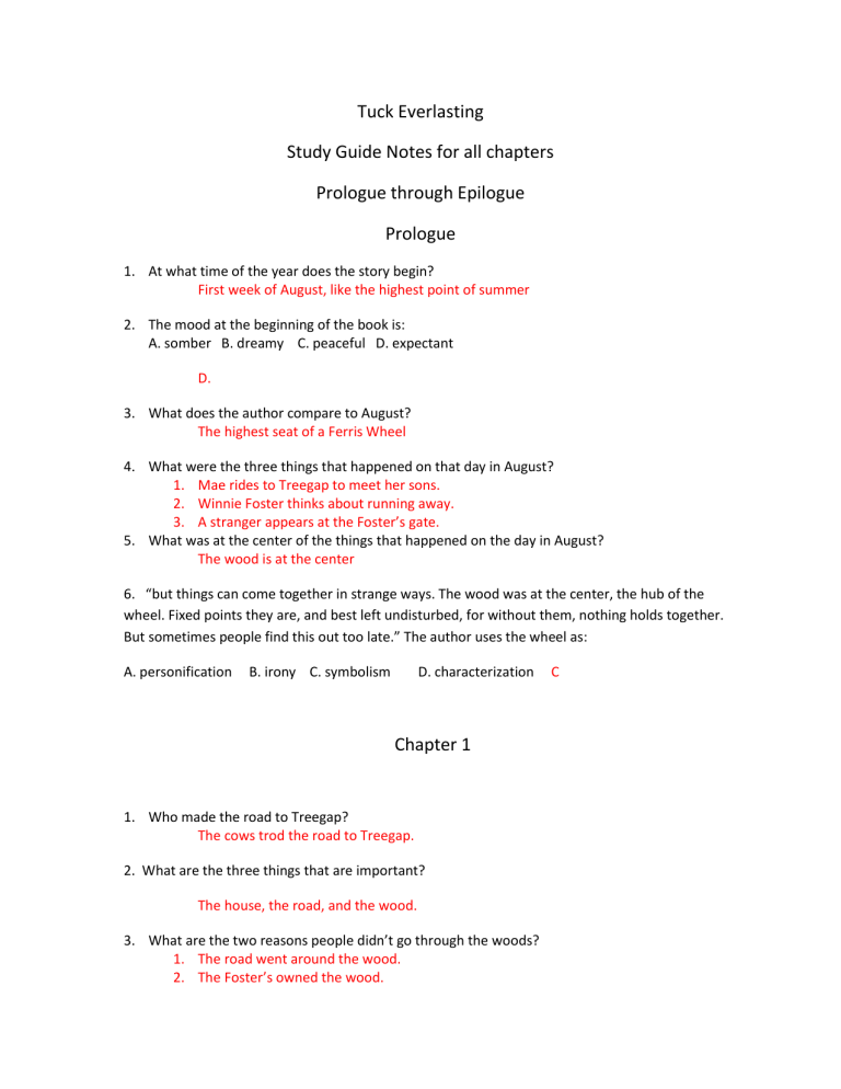 Tuck Everlasting Study Guide: Prologue to Epilogue
