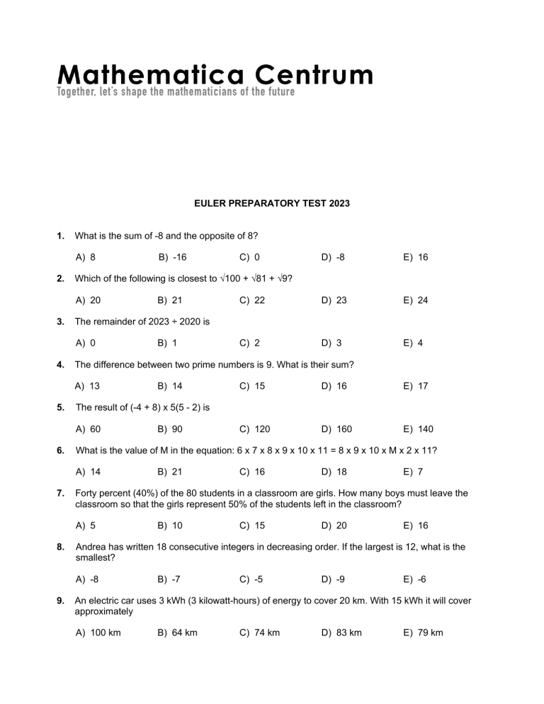 Euler Preparatory Math Test 2023