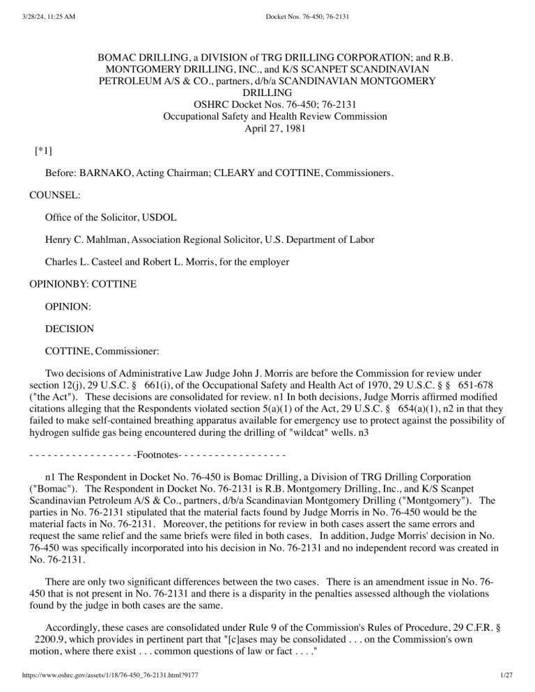 BOMAC DRILLING OSHRC Decision: Hydrogen Sulfide Hazard, Wildcat Wells