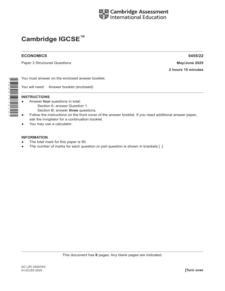 Cambridge IGCSE Economics 0455/22 Paper 2 Structured Questions 2025
