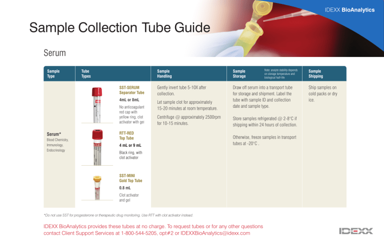 IDEXX BioAnalytics Sample Collection Tube Guide: Serum, Blood, Plasma