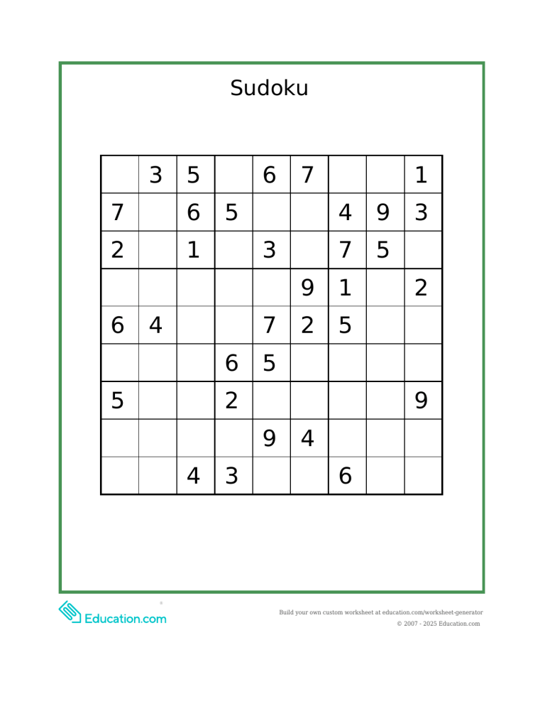 Sudoku Puzzle Worksheet for Logic & Problem-Solving Skills