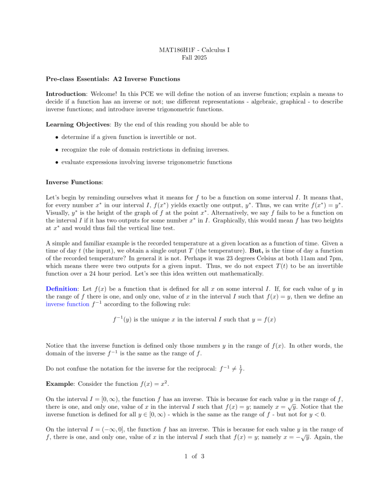 Calculus I: Inverse Functions & Inverse Trigonometric Functions