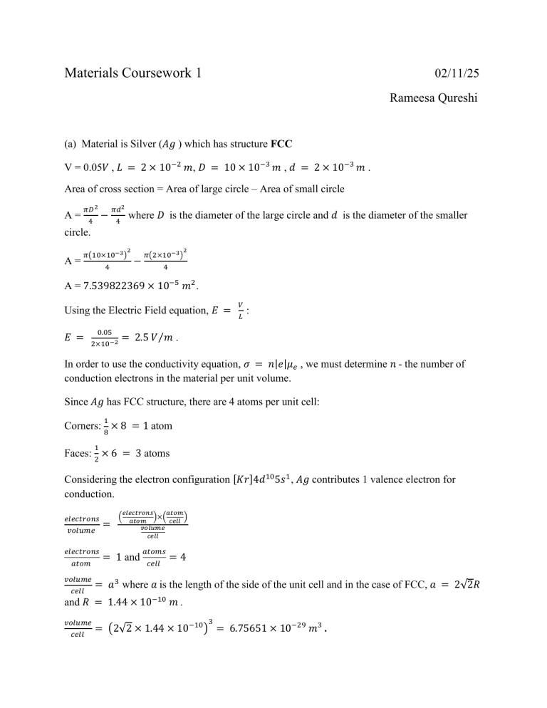 Materials Coursework 1: Silver FCC Conductivity & Alloy Density Calculation