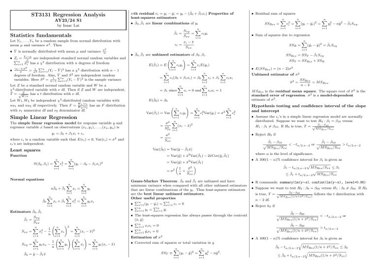 ST3131 Regression Analysis Notes