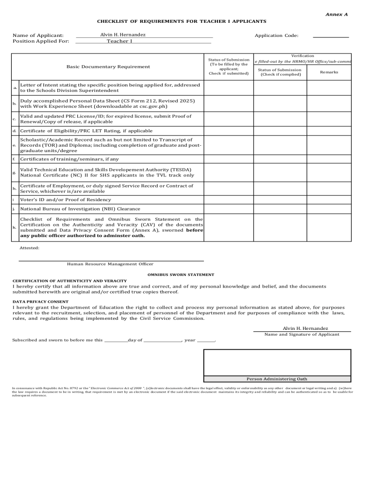 Teacher I Application Checklist