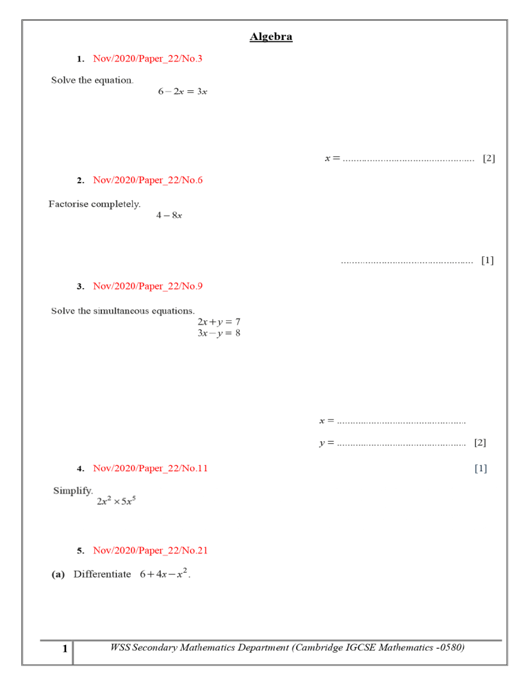 IGCSE Algebra Practice Problems (Nov 2020)