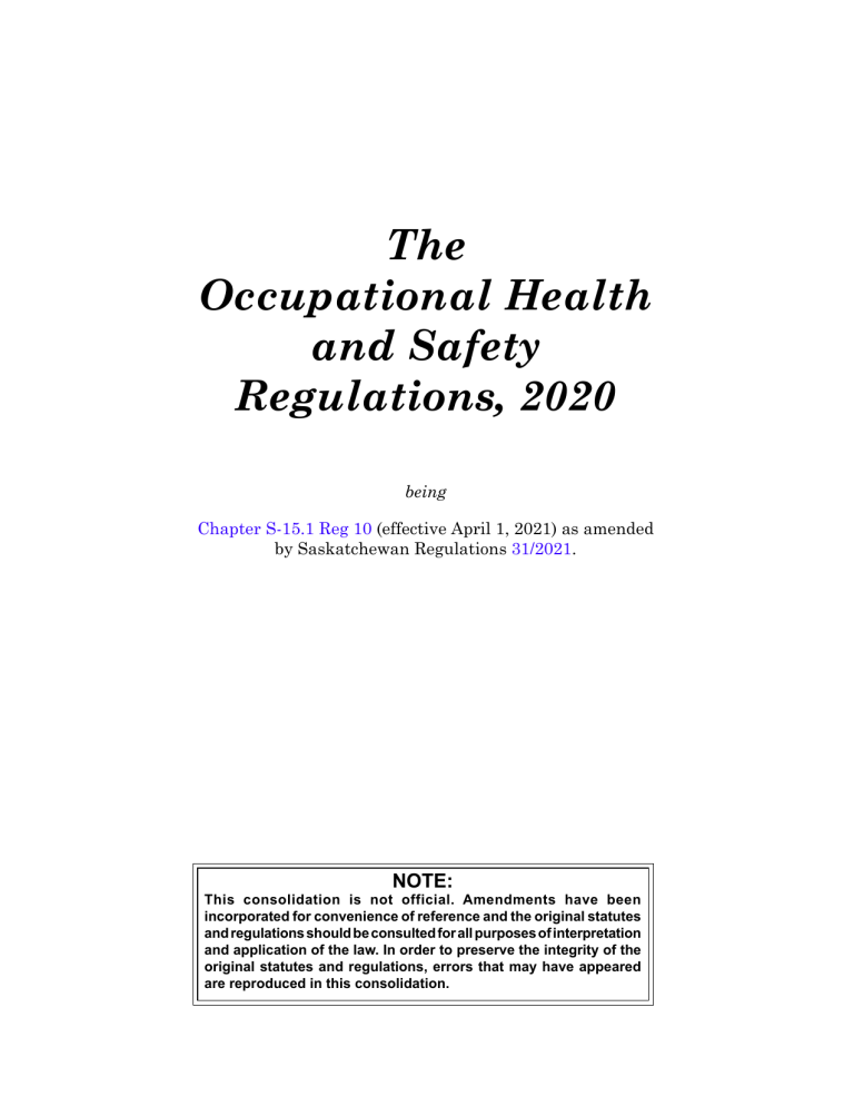 Saskatchewan Occupational Health and Safety Regulations 2020