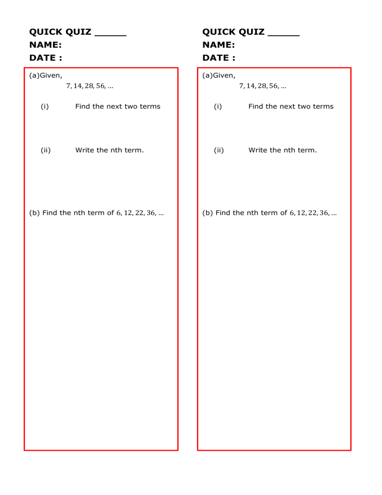 Mathematics Quick Quiz: Sequences, nth Term & Algebraic Manipulation