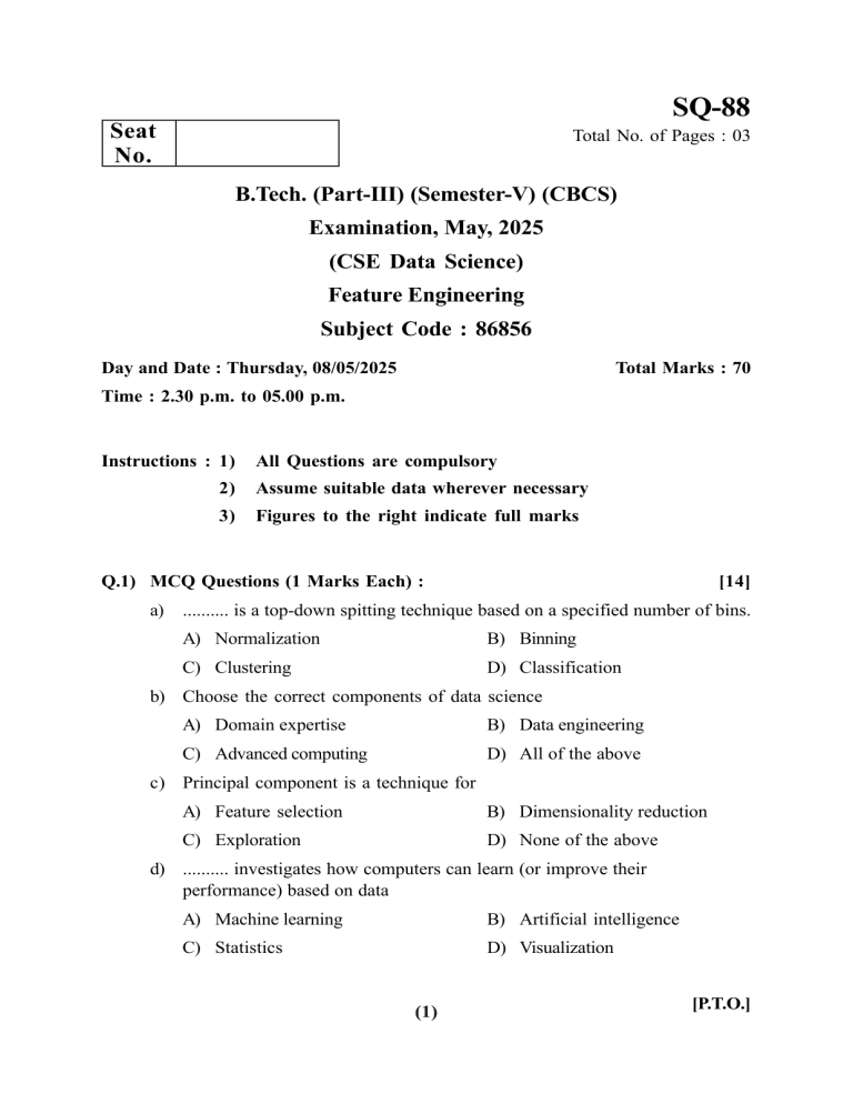 B.Tech. CSE Data Science Feature Engineering Exam Paper May 2025
