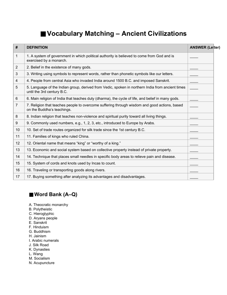 Ancient Civilizations Vocabulary Matching Worksheet & Answer Key