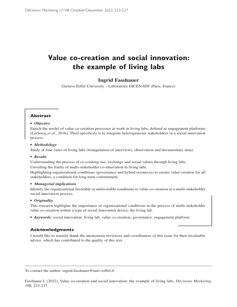 Value co-creation and social innovation: Living labs example