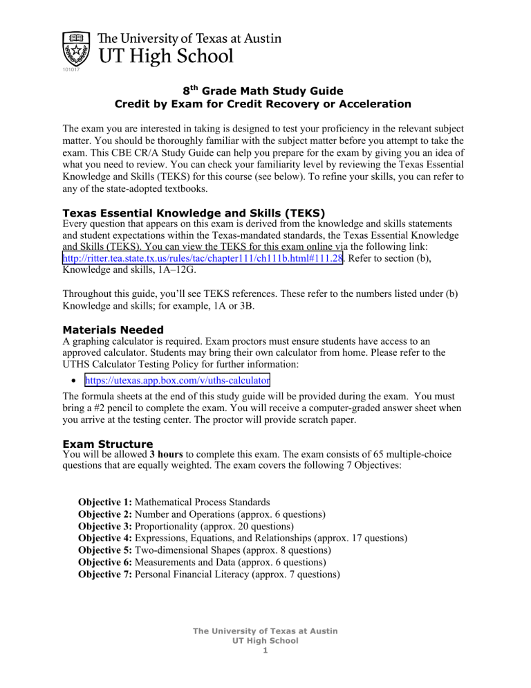 8th Grade Math Study Guide | Credit by Exam | UT High School TEKS