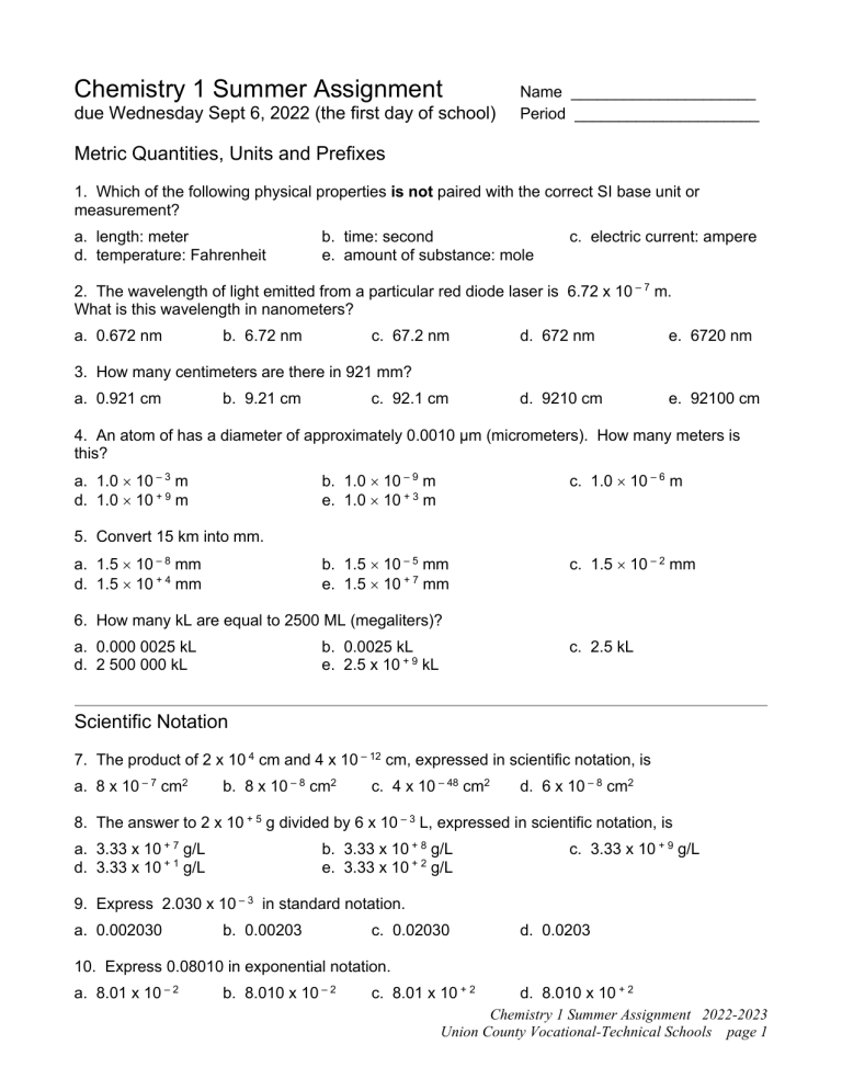 Chemistry 1 Summer Assignment: Metric Units, Density, Sig Figs & More