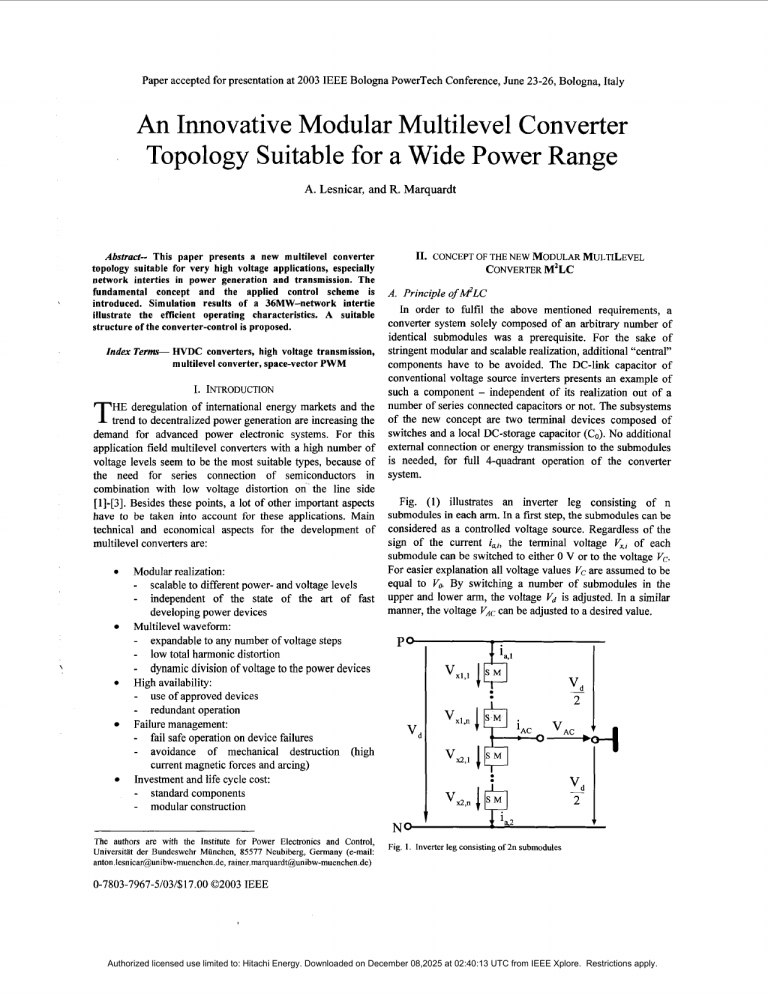 Modular Multilevel Converter Topology for High Voltage Power Range