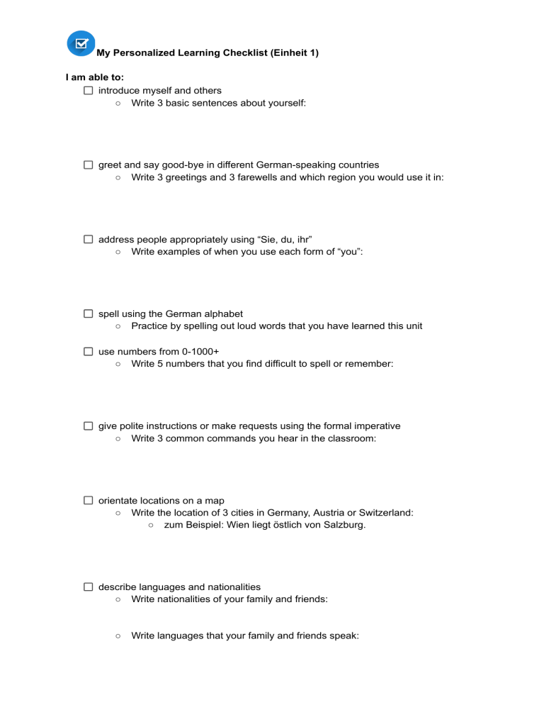 German Language Unit 1 Learning Checklist: Self-Assessment & Practice