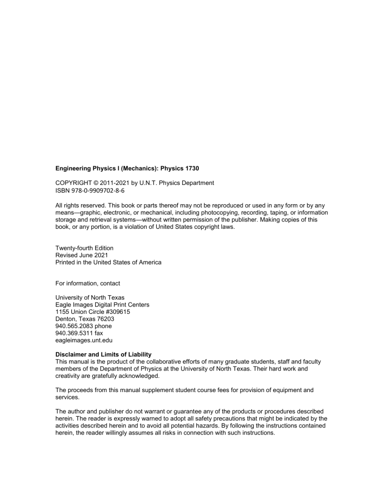 Engineering Physics I (Mechanics) Lab Manual: Physics 1730
